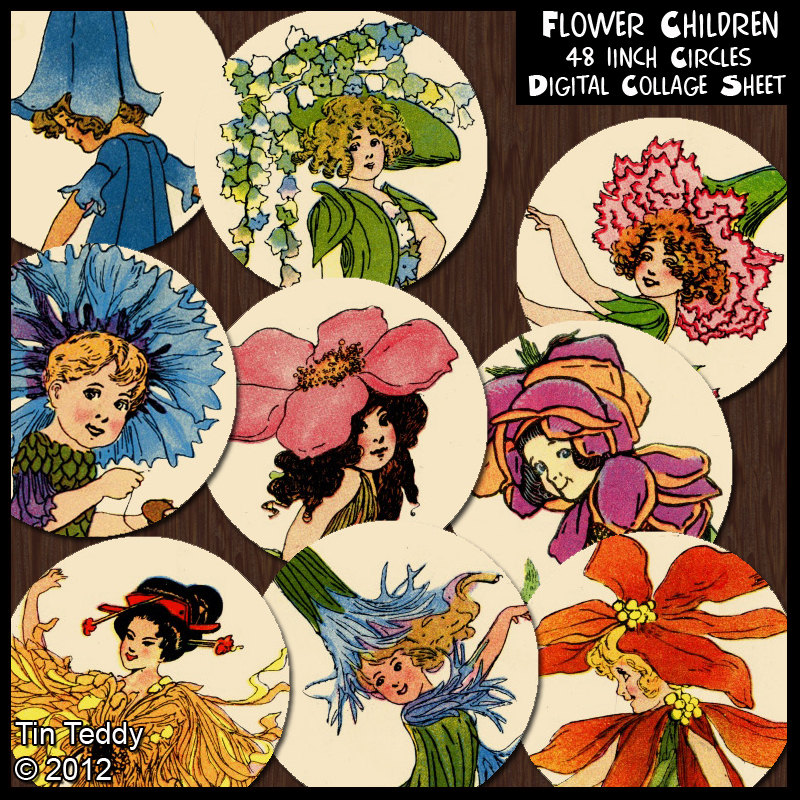 Flower Children Circles- 1 Inch Circles X 48 - Digital Collage Sheet ...